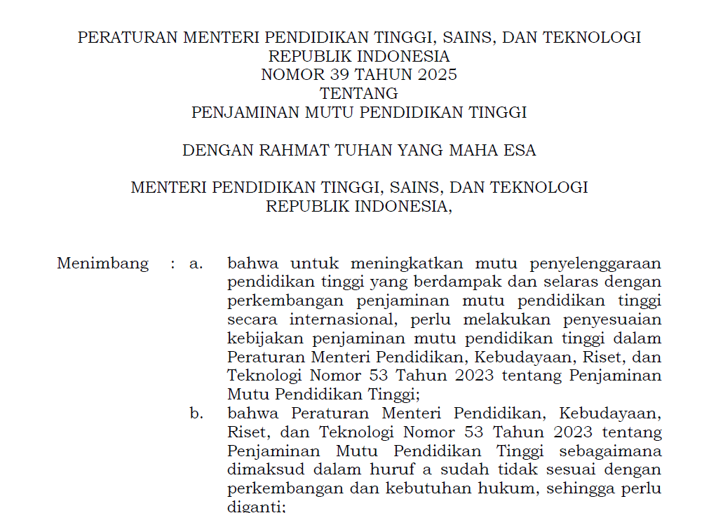 Standar Nasional Pendidikan Tinggi: Permen No. 39 Tahun 2025